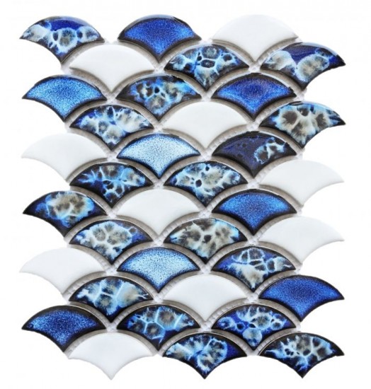 Dragon Scale Ocean White with decorative Blue Porcelain Mosaic Tile ...