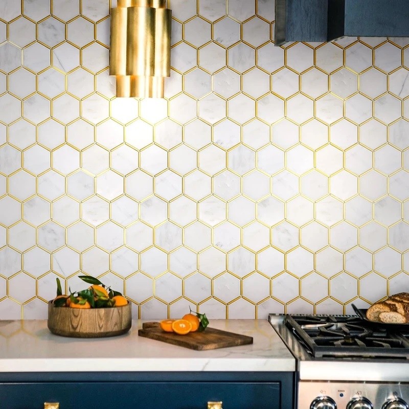 3x3 Honeycomb Hexagon White And Gold Polished Marble Mosaic Tile ...