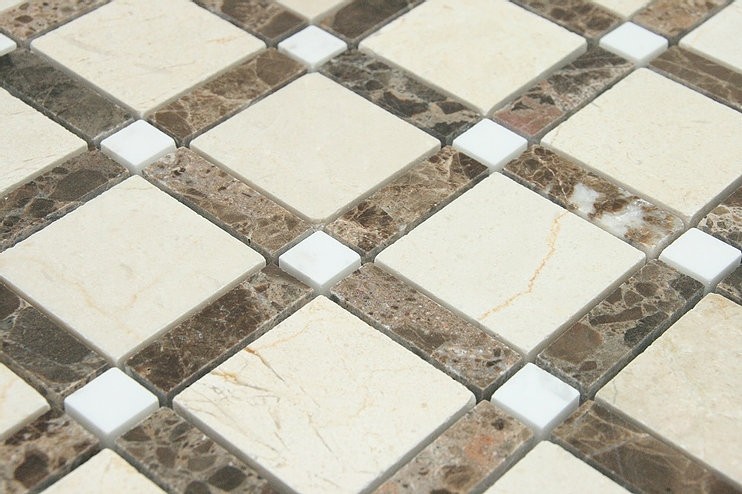 Diamond Pattern Beige Brown with White Dot Polished Marble Mosaic Tile ...