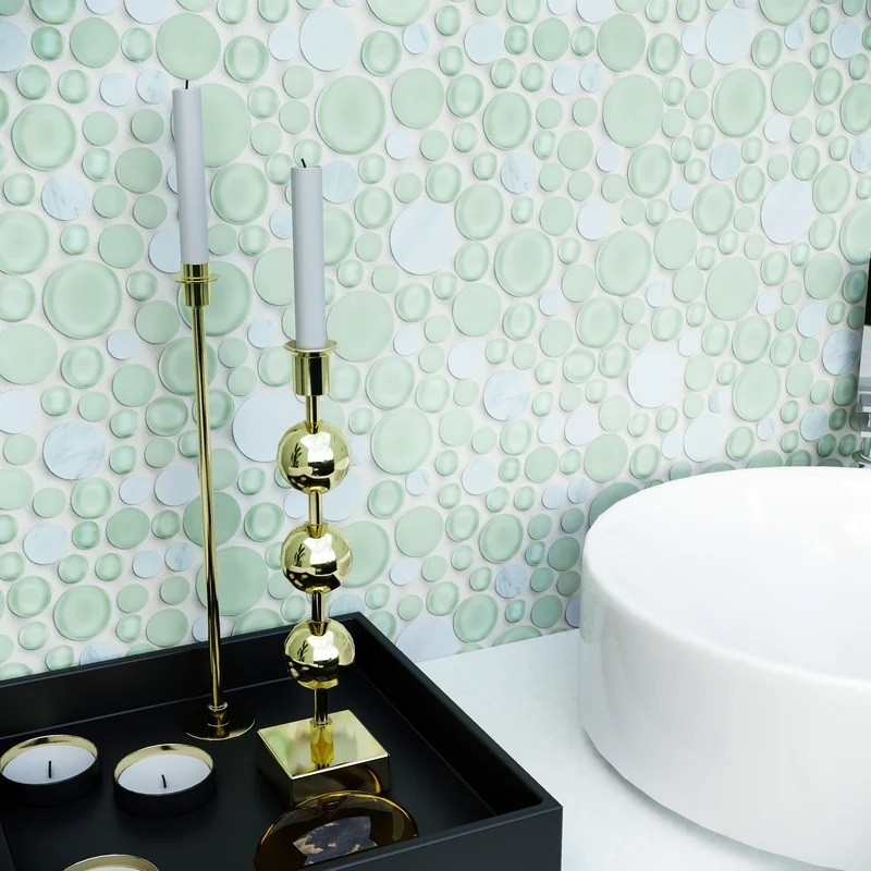 Cloud Mint Bubble Marble & Glass Mosaic Tile | Backsplash | Shower ...