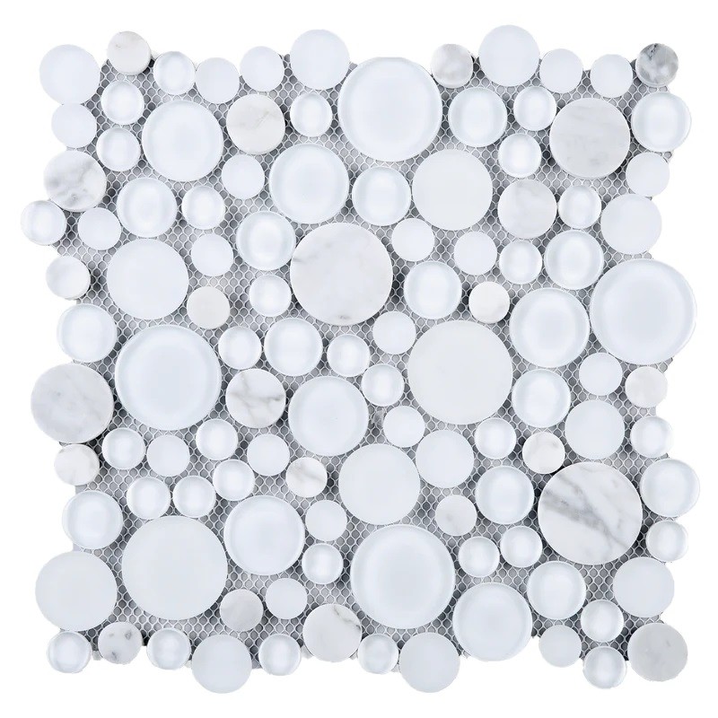 White Carrara Bubble Marble & Glass Mosaic Tile | Backsplash | Shower ...