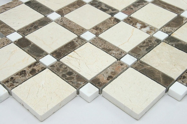 Diamond Pattern Beige Brown with White Dot Polished Marble Mosaic Tile ...