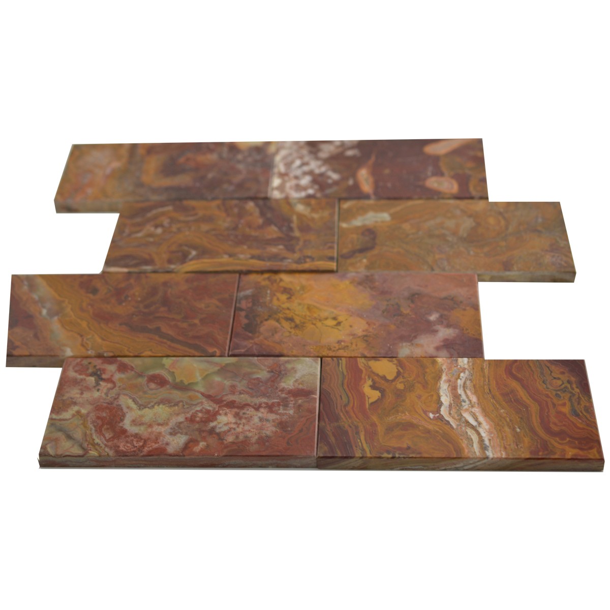 3x6 Multi Red Polished Bricks Mesh-Mounted Onyx Mosaic Tiles