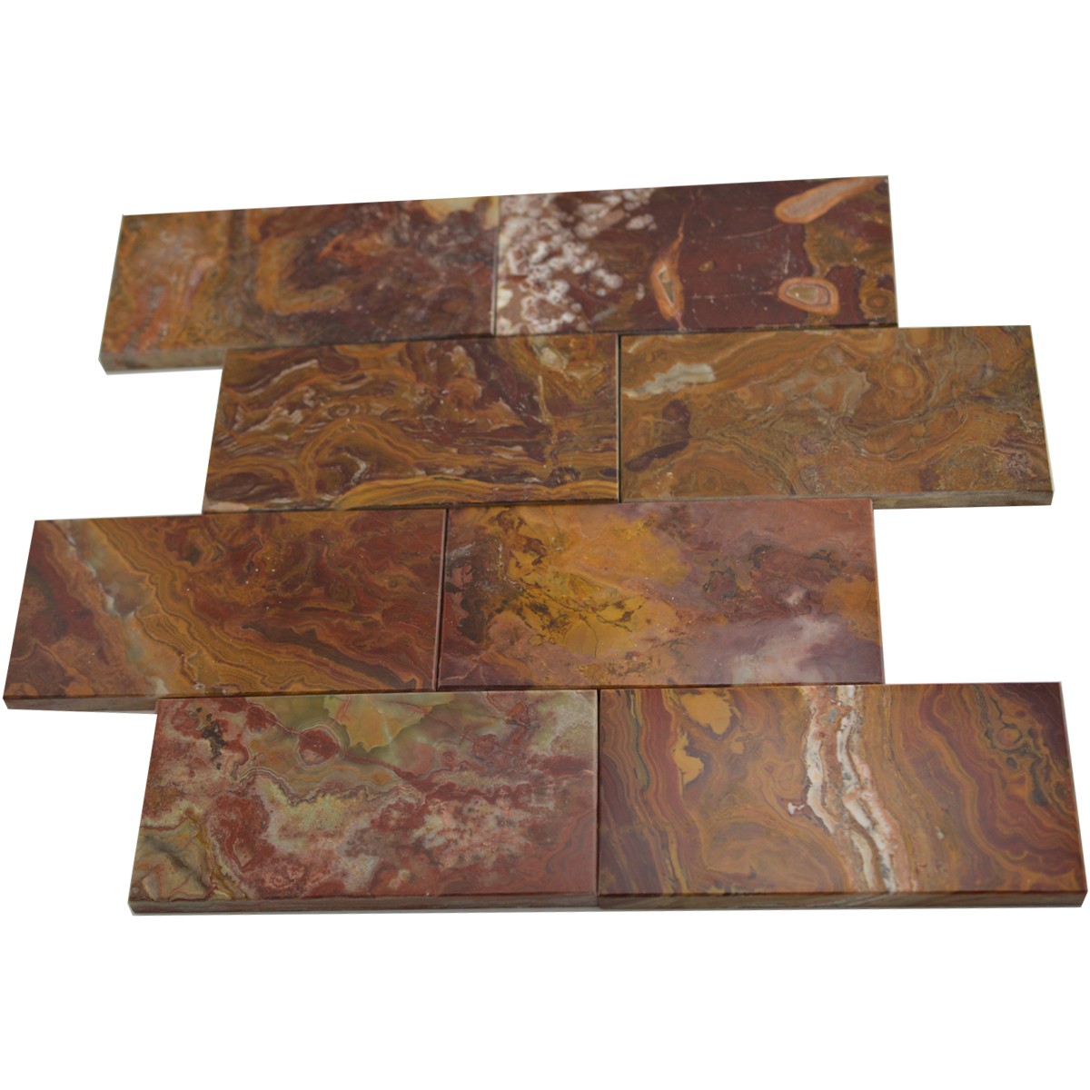 3x6 Multi Red Polished Bricks Mesh-Mounted Onyx Mosaic Tiles