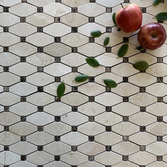 Elongated Octagon Crema Marfil with Dark Emperador Dot Marble Mosaic ...