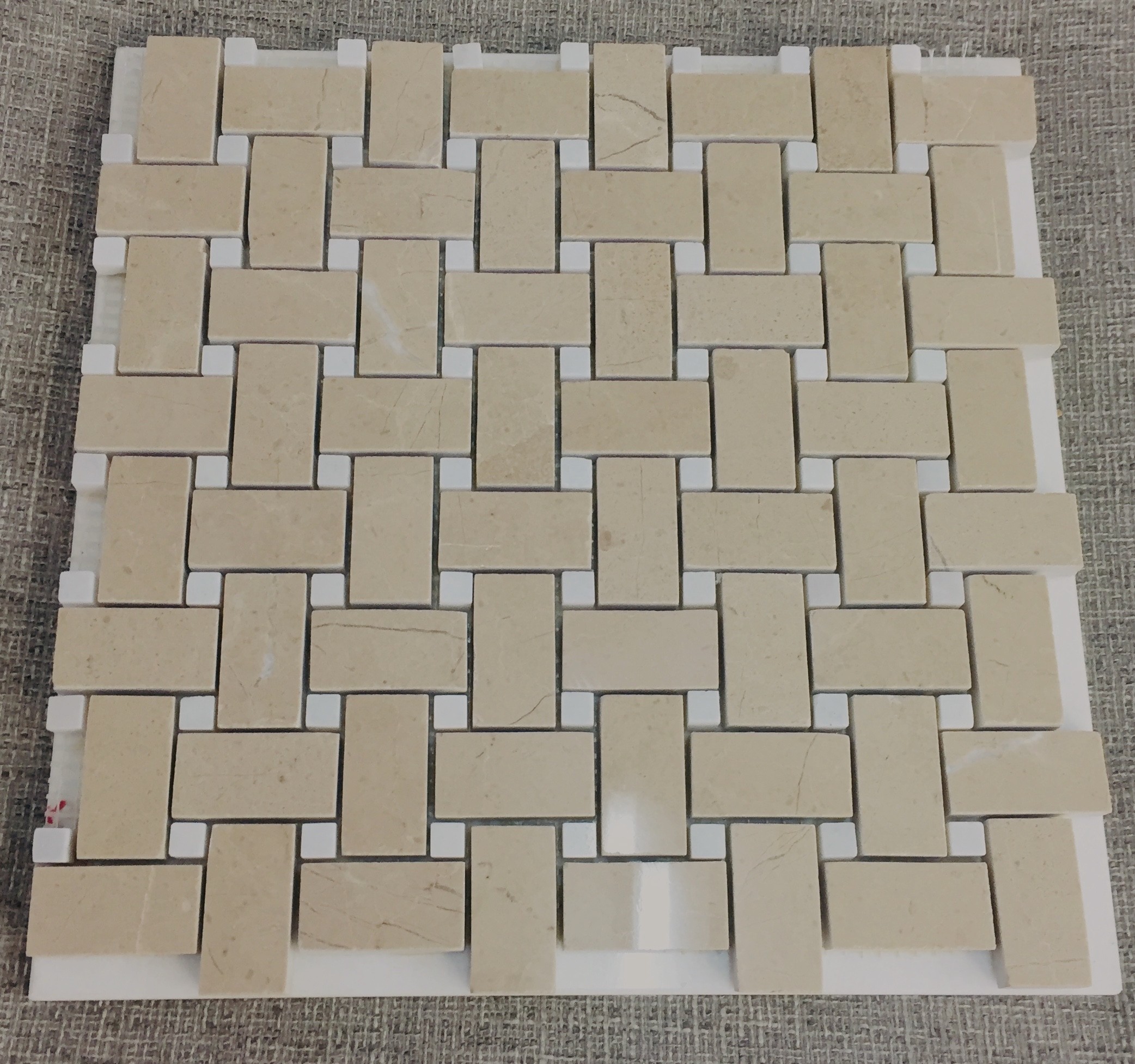 Crema Biege Verona Basketweave with Thassos White Marble Dot Polished ...