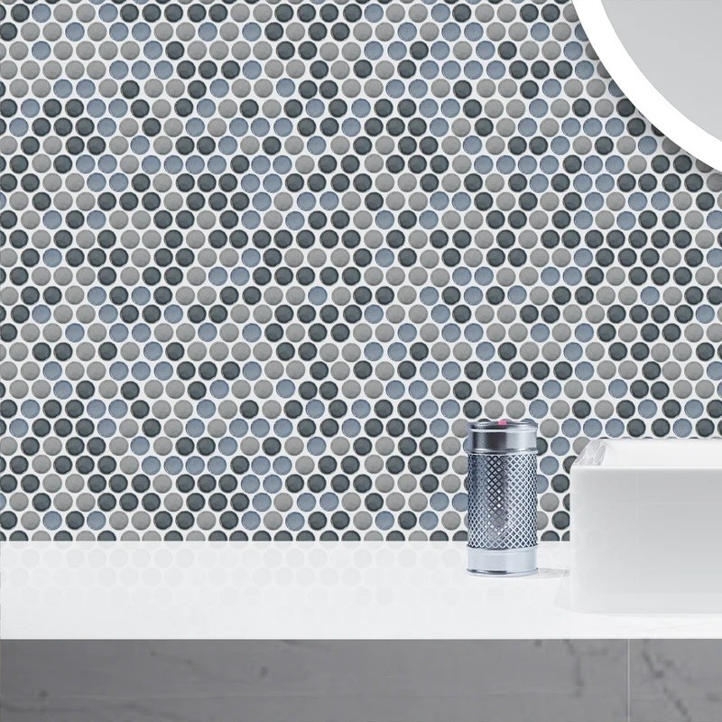 Penny Round Multi Gray Glossy Glazed Porcelain Mosaic Tile | Backsplash ...