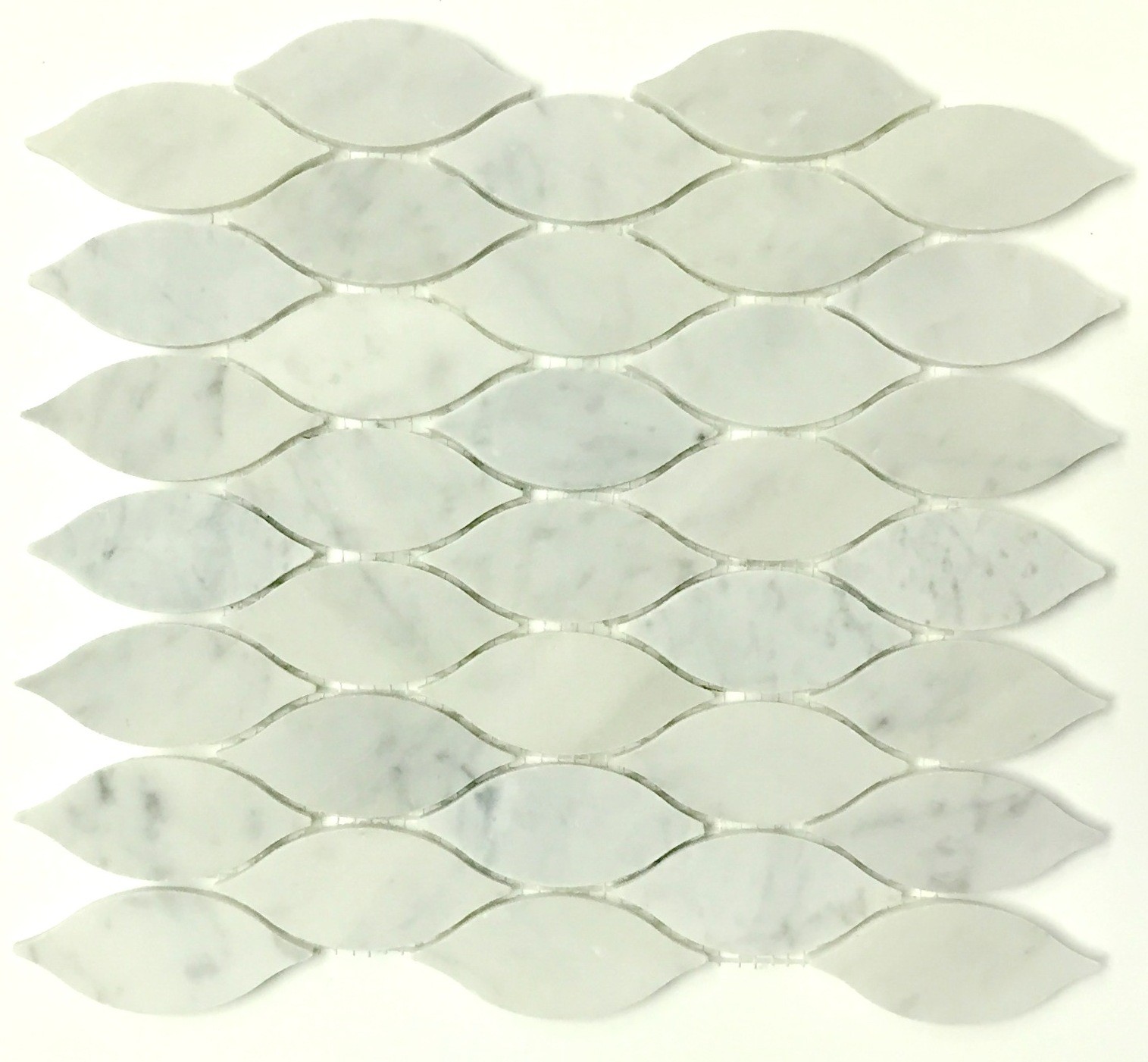 ELONGATED TEARDROP WATERJET MOSAIC TILE IN ITALIAN CARRARA MARBLE